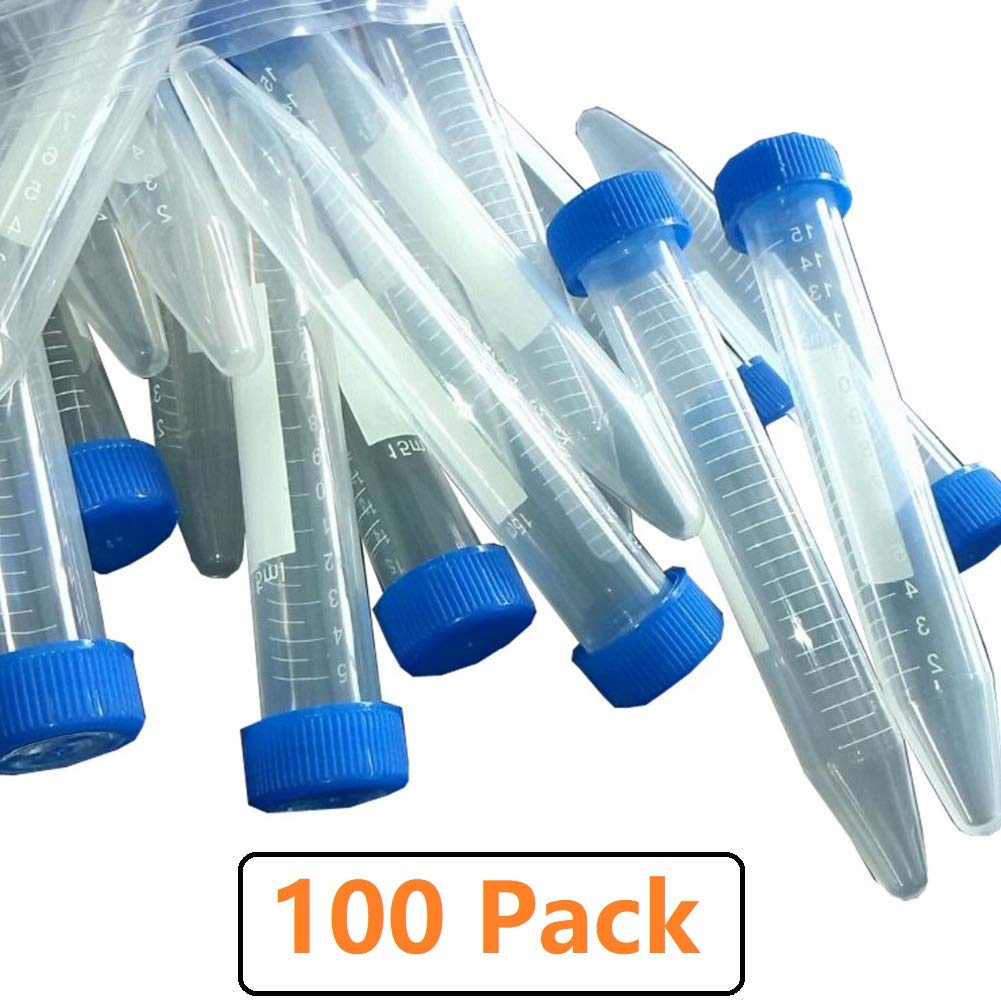 Plastic Centrifuge Tubes, 15ml, Conical Bottom, Graduated Marks, Blue Screw Cap(100 Pack ) by Lucky Seven