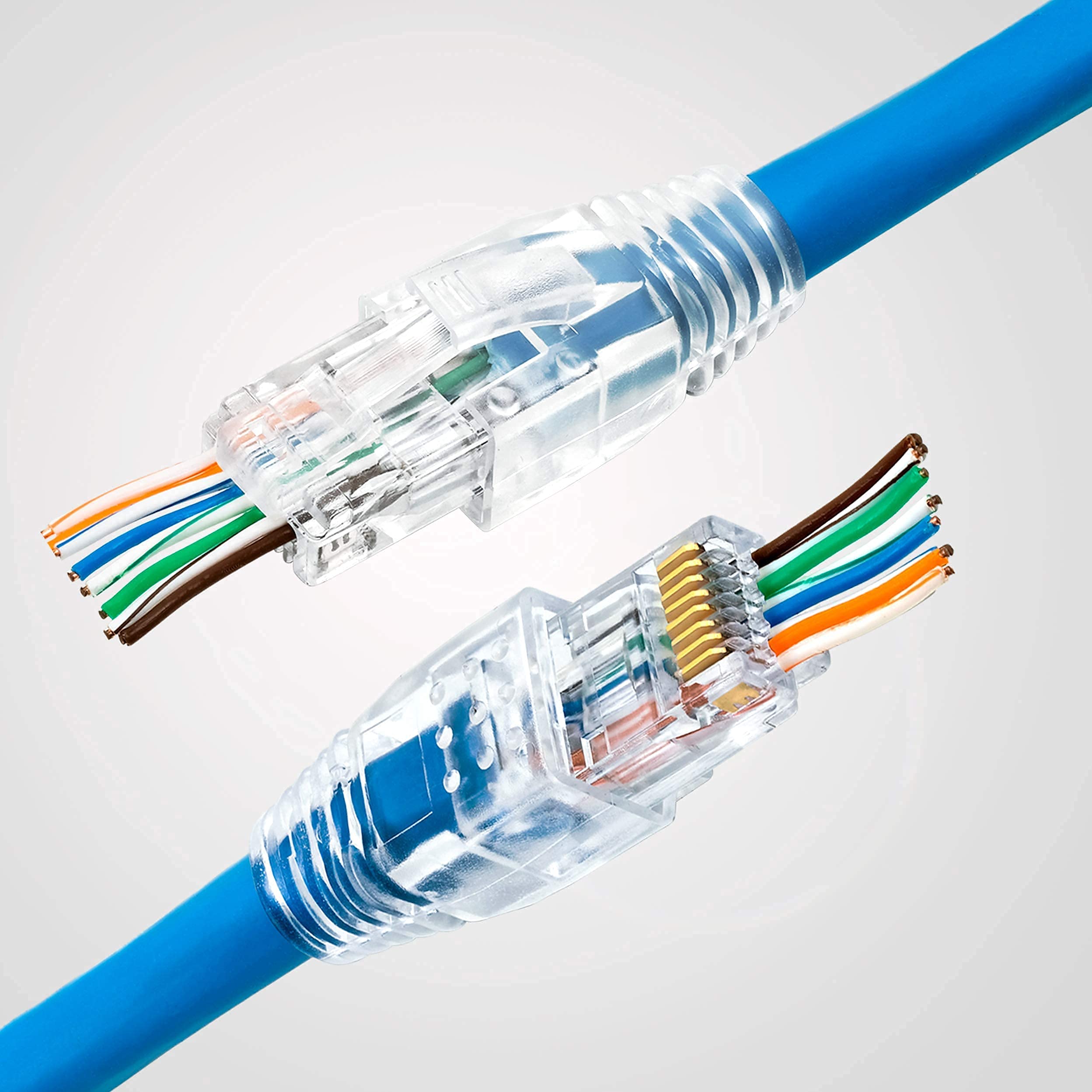 Bundle β 2 items: RJ45 Crimp Tool + 50/50 Pack of Cat6/6a Pass Through Connectors and Strain Relief Boot, for a Thick 23 AWG Large Diameter UTP Cable.