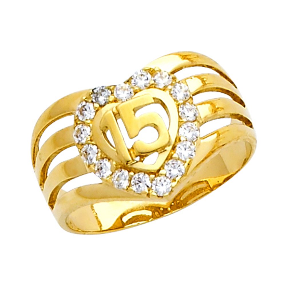 10K Yellow Gold 15 Anos Quinceanera Ring With 16 Cubic Zirconia Stones (6)