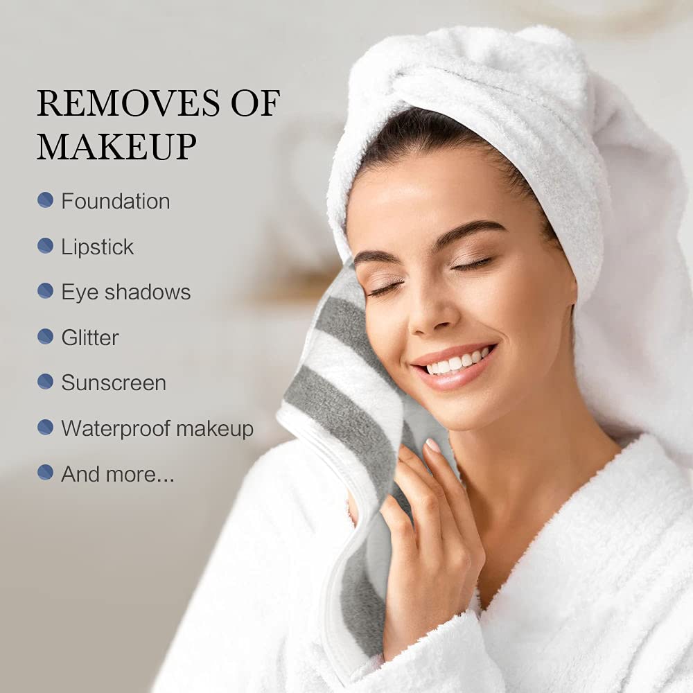 SUNLAND Microfiber Face Makeup Remover Cloths Reusable Facial Cleaning Towel Ultra Soft Washcloths 8inchx16inch,Grey Stripes 4 Pack