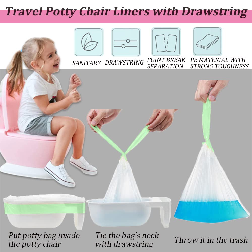 100 Pack Potty Chair Liners with Drawstring, Portable Potty Bags Potty Training Bags Potty Liners, Potty Refill Liners Disposable Potty Liners for Toddlers Kids and Baby
