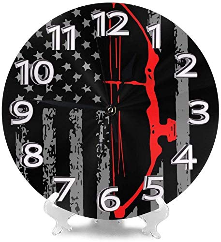 BUSHUO Archery Bow Hunting Us Flag Wall Clock Waterproof Decorative Clocks Lightweight Clock with Roman Numeral Hands Durable Round Wall Clock for Living Room Classroom Patio Bedroom