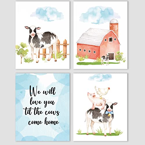 4 Pcs Watercolor Cute Farm Animals Wall Art Prints Nursery Decor Motivational Quotes Posters for Baby Room Playroom Nursery Wall Decor Cow Print Stuff Girls Boys Kids Room Decoration 8x10 in Unframed