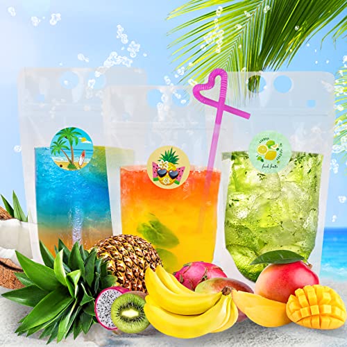 100 Pcs Drink Pouches for Adults Stand-Up Juice Pouches, Hand-Held Reclosable Drink Bags Plastic Zipper Juice Bags with Straws Silicone Funnel(Come with 100 Pcs Round Stickers)