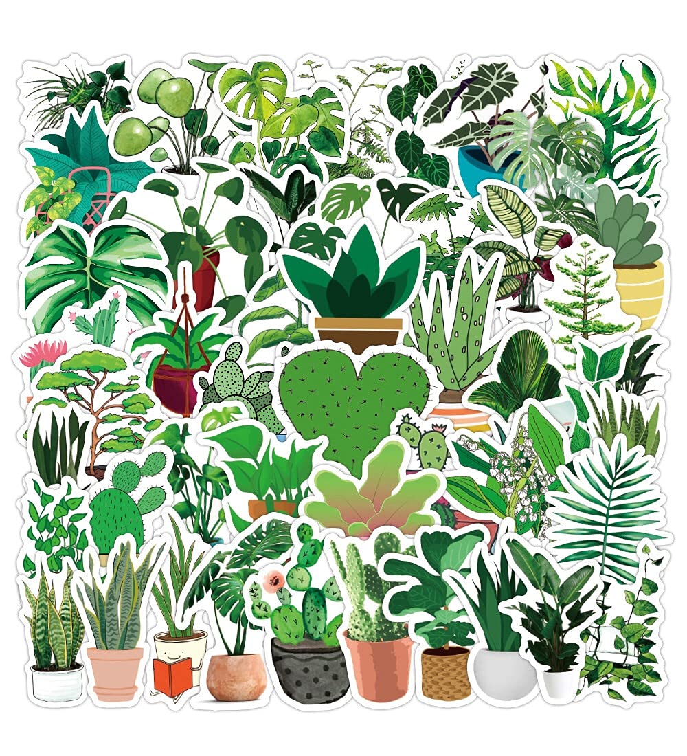 50 Pieces of Garden Potted Green Plant Stickers Kettle Envelope Greeting Card Desk Bedroom Refrigerator Laptop Diary Gift Box Home School Craft Decoration Waterproof Sticker