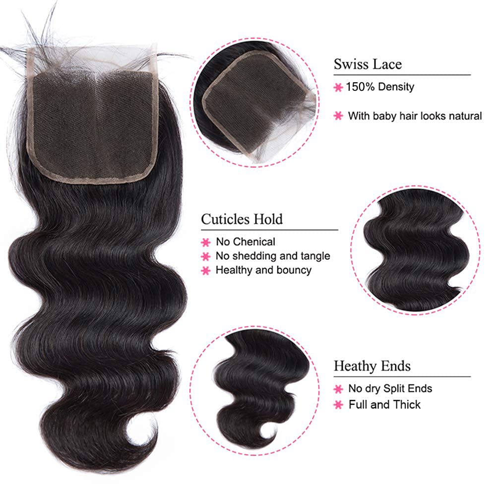 Body Wave 3 Bundles with Closure 100% Unprocessed Brazilian Body Wave Human Hair Weave with 4x4 Free Part Lace Closure Natural Color (14 16 18+12,Bundles with Closure)