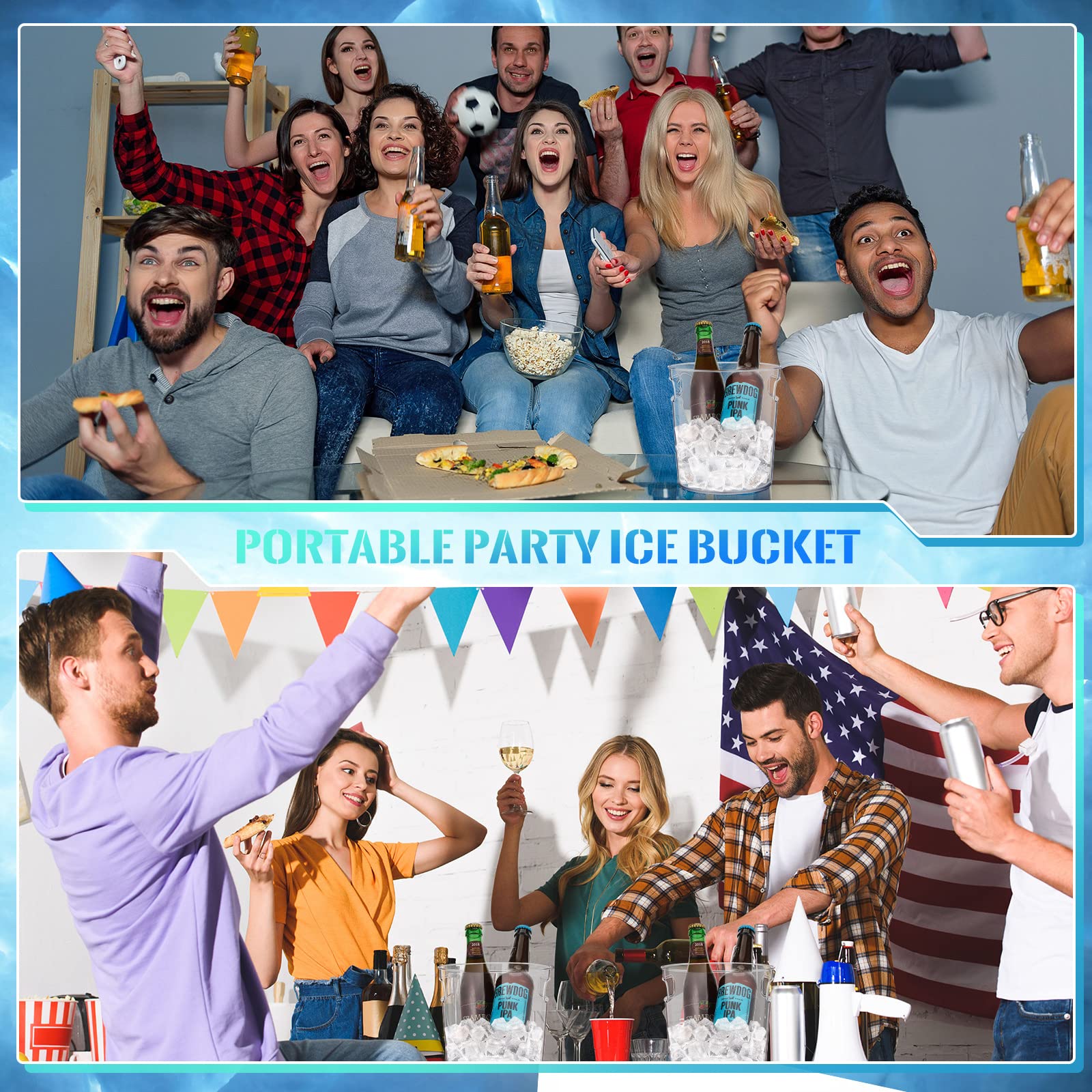 12 Pcs Plastic Ice Buckets with Handle Clear Wine Bucket Round Champagne Bucket Large Wine Cooler Bucket Portable Party Tubs for Drinks Chiller Bin for Beer Bottle with Handles (6.5 x 6.9 x 5.5 Inch)