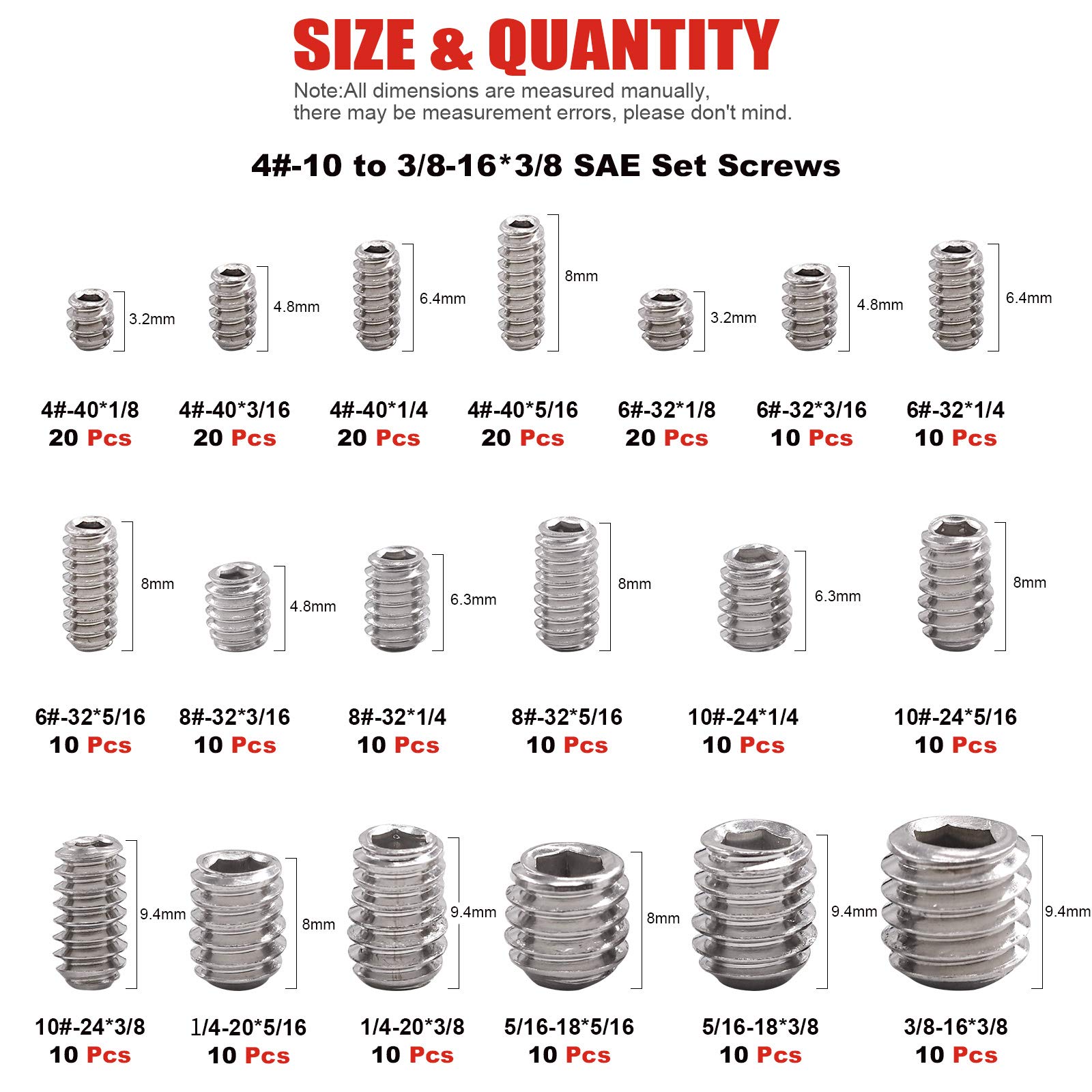 Hilitchi 240Pcs 19Sizes SAE Stainless Hex Allen Head Socket Set Screws Grub Screw Bolts Assortment Kit Internal Hex Drive Cup-Point Screws with 7 Hex Wrenches