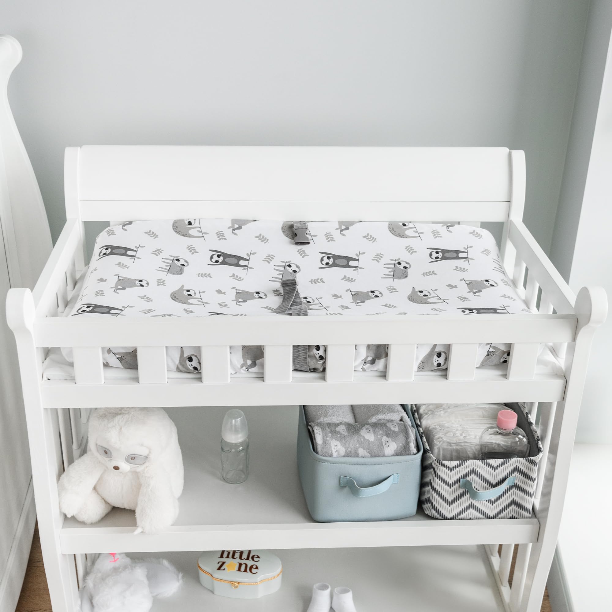 My Little Zone 100% Cotton Changing Pad Cover for Baby Boys and Girls, Chevron - Breathable Bassinet, Mini Crib Mattress Fitted Sheets - Little Sloth, 32"x16" with 8" Deep Pocket, White-Grey, 2 Pack