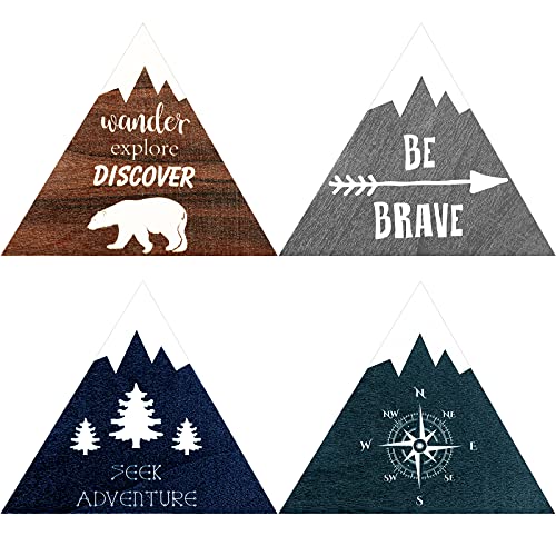 4 Pieces Inspirational Wooden Nursery Decor Mountain Decor Wall Sign Rustic Nature Forest Woodland Adventure Motivational Wooden Hanging Decor with Hook for Baby Bedroom Nursery Decor (Classic Colors)