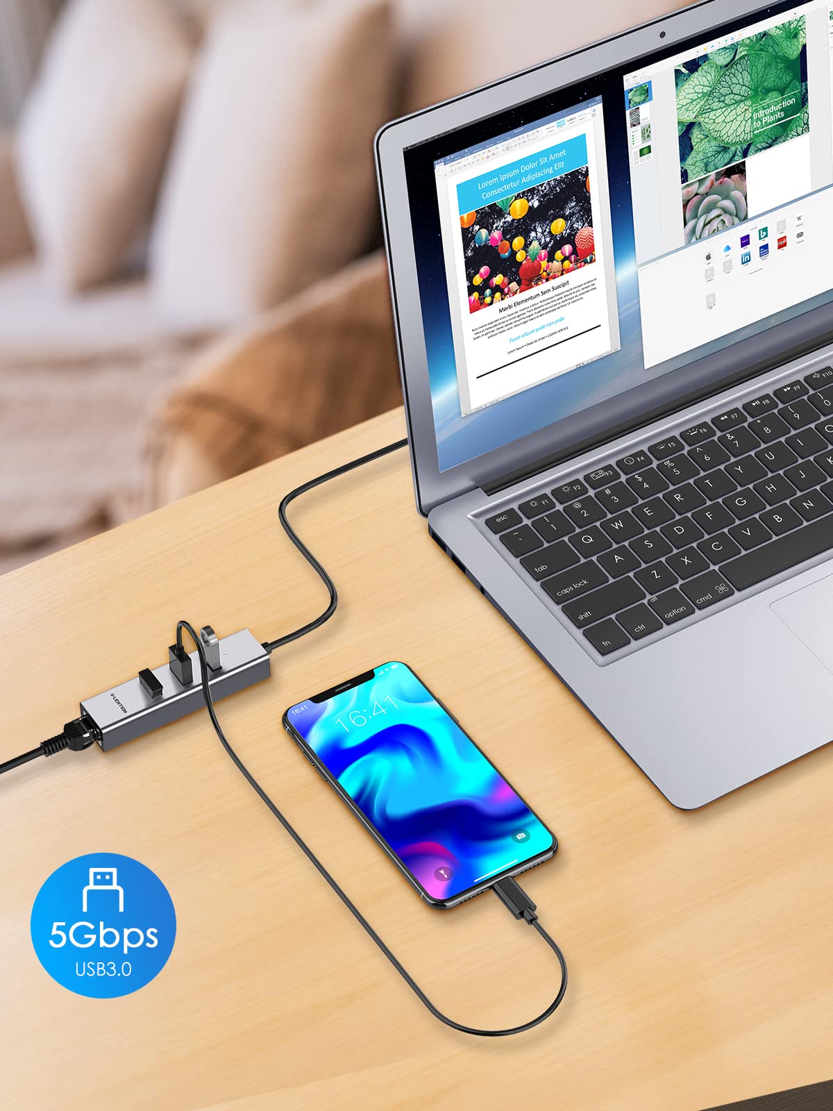 LENTION 3-Port USB 3.0 Hub with Gigabit Ethernet Adapter Compatible MacBook Air/Pro (Previous Generation), iMac, Surface, Chromebook, More Type A Laptops - Ultra Slim (CB-H23s-0.5M, Space Gray)