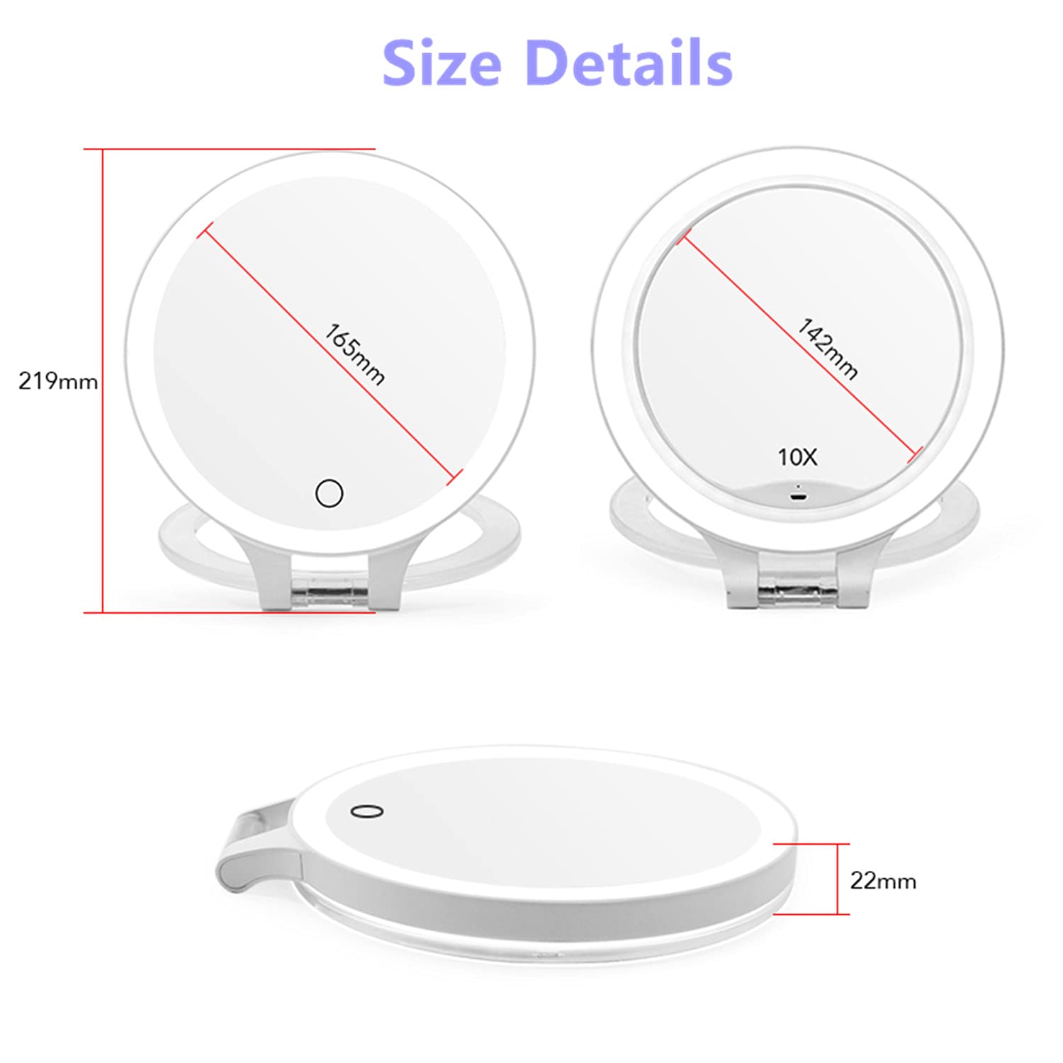 Flymiro Lighted Makeup Vanity Mirror with 10X 1X Double Sided Magnification Mirror, 3 Color Lighting, Rechargeable Tabletop Desk LED Foldable Travel Cosmetic Mirror with Lights
