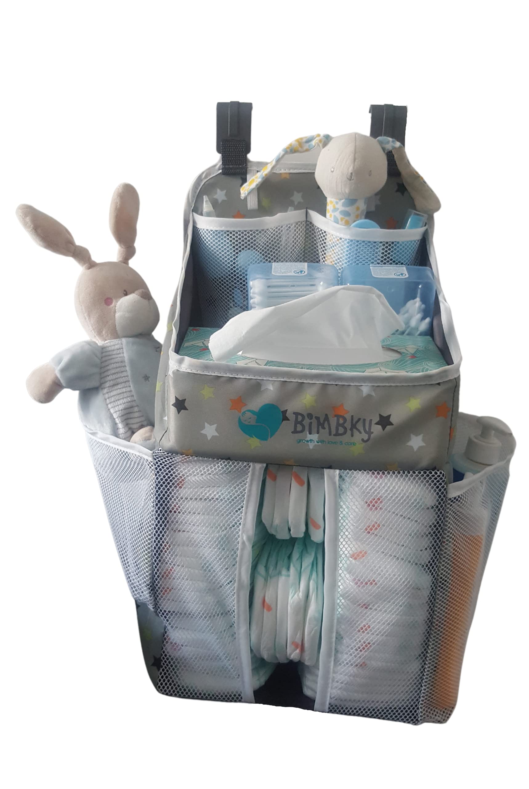 BiMBKy Hanging Diaper Caddy Organizer, Grey, Stacker For Crib, Nursery Storage For Changing Table, Practical And Ideal For Newborn Boy And Girl – 17’’ x 10’’ x 10’’