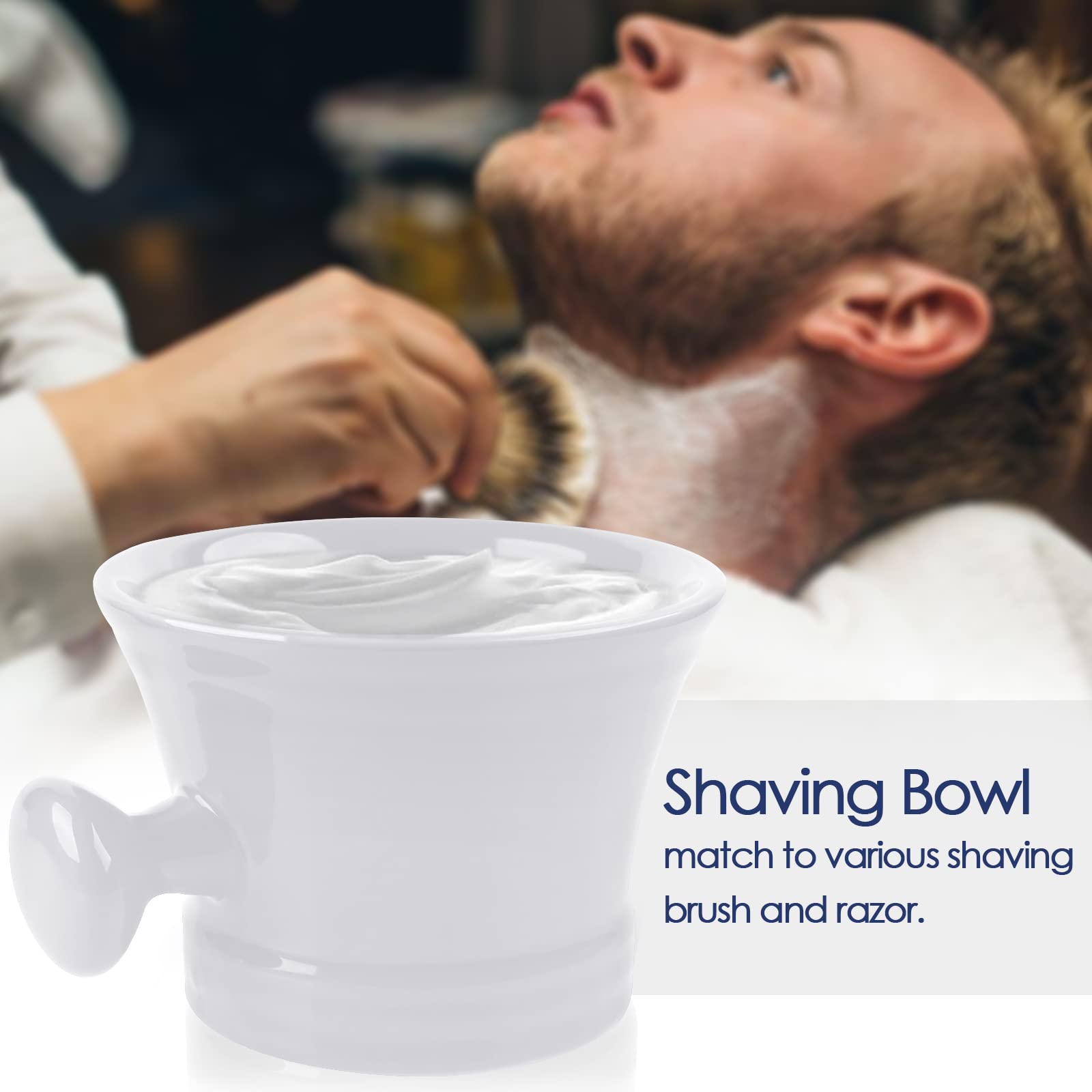 Linkidea Ceramic Shaving Mug with Knob Handle, Deep Size Wet Shaving Cup, Razor Shave Soap and Cream Bowl for Men, White