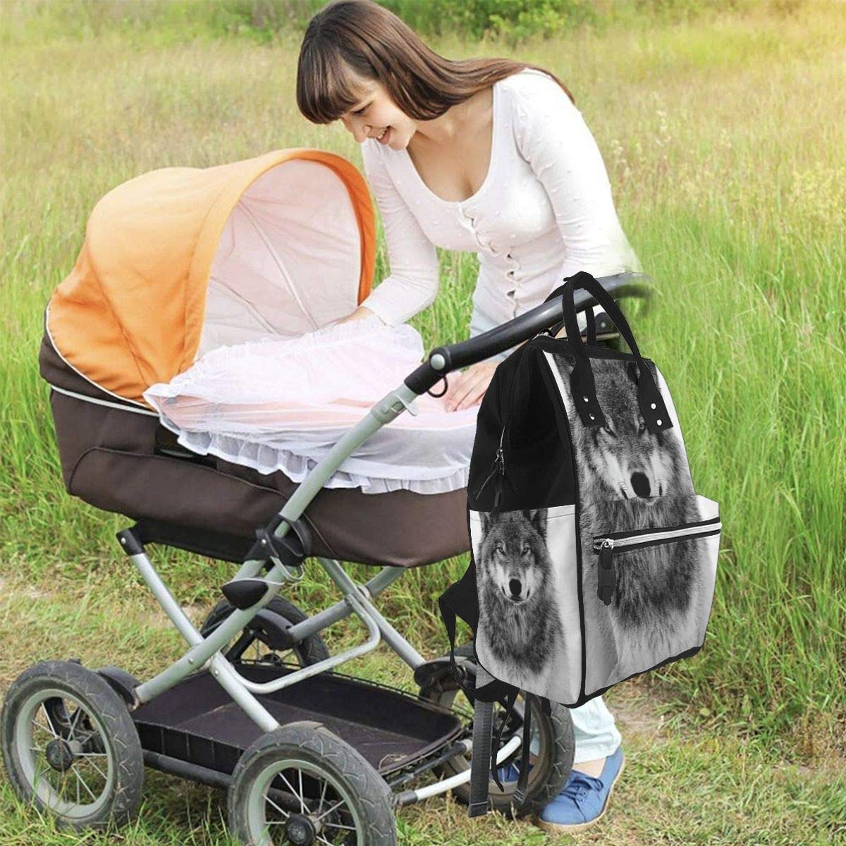 Monotone Timber Wolf Face Diaper Bag Backpack Multi Function Nappy Bag Large Capacity Mommy Backpack Organizer for Baby Care Baby Bag for Mom and Dad