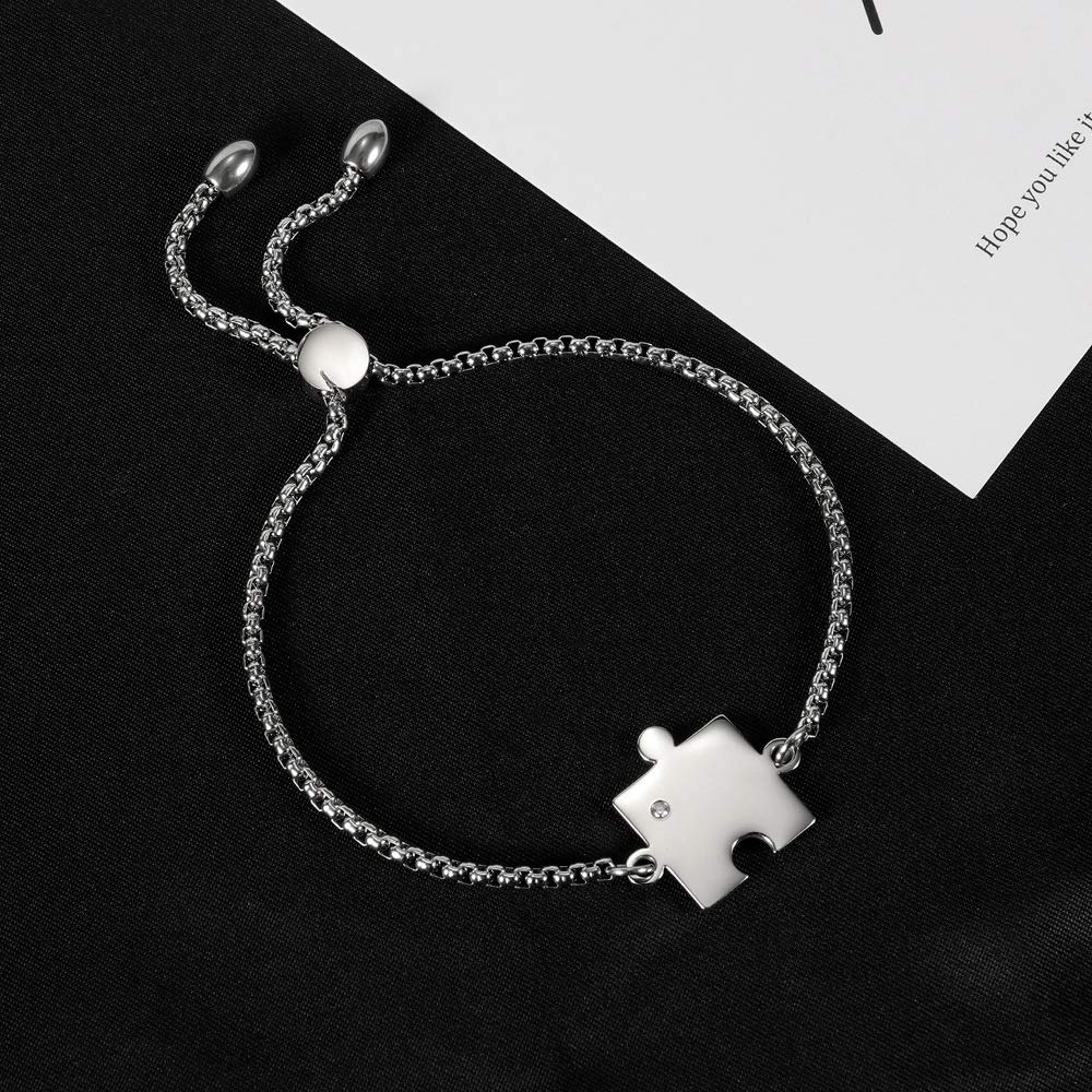 1 Pair Puzzle Piece Bracelets Matching Couples Stainless Steel CZ Crystals Stacking Adjustable Simple Link Dainty Charm Hypoallergenic for Him And Her Valentine's Day Fashion Gifts