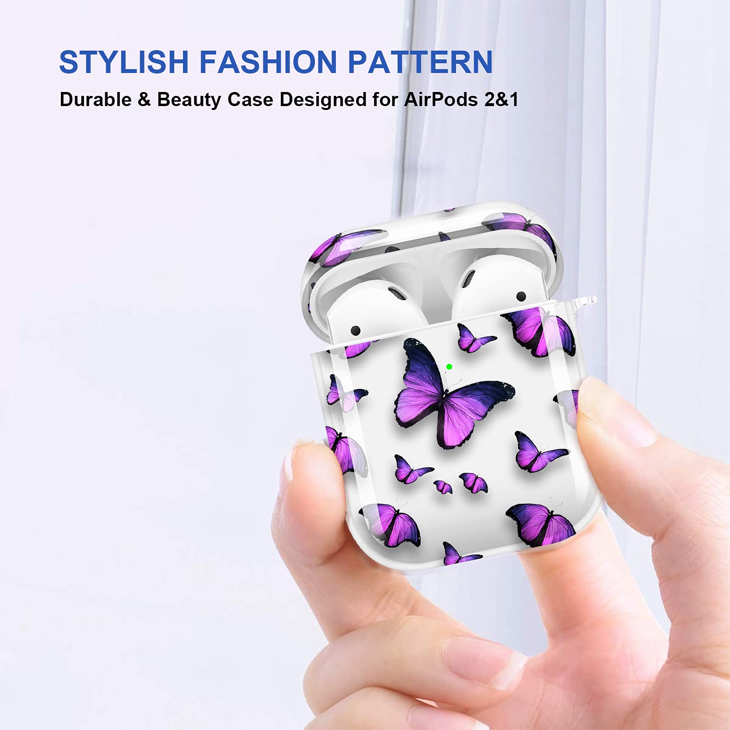 Maxjoy for AirPods Case Cover, Clear AirPod Case for Women Girly Cute Soft Protective Transparent iPod Case with Keychain Clip for AirPods 2nd 1st Generation Charging Case 2&1, Purple Butterfly