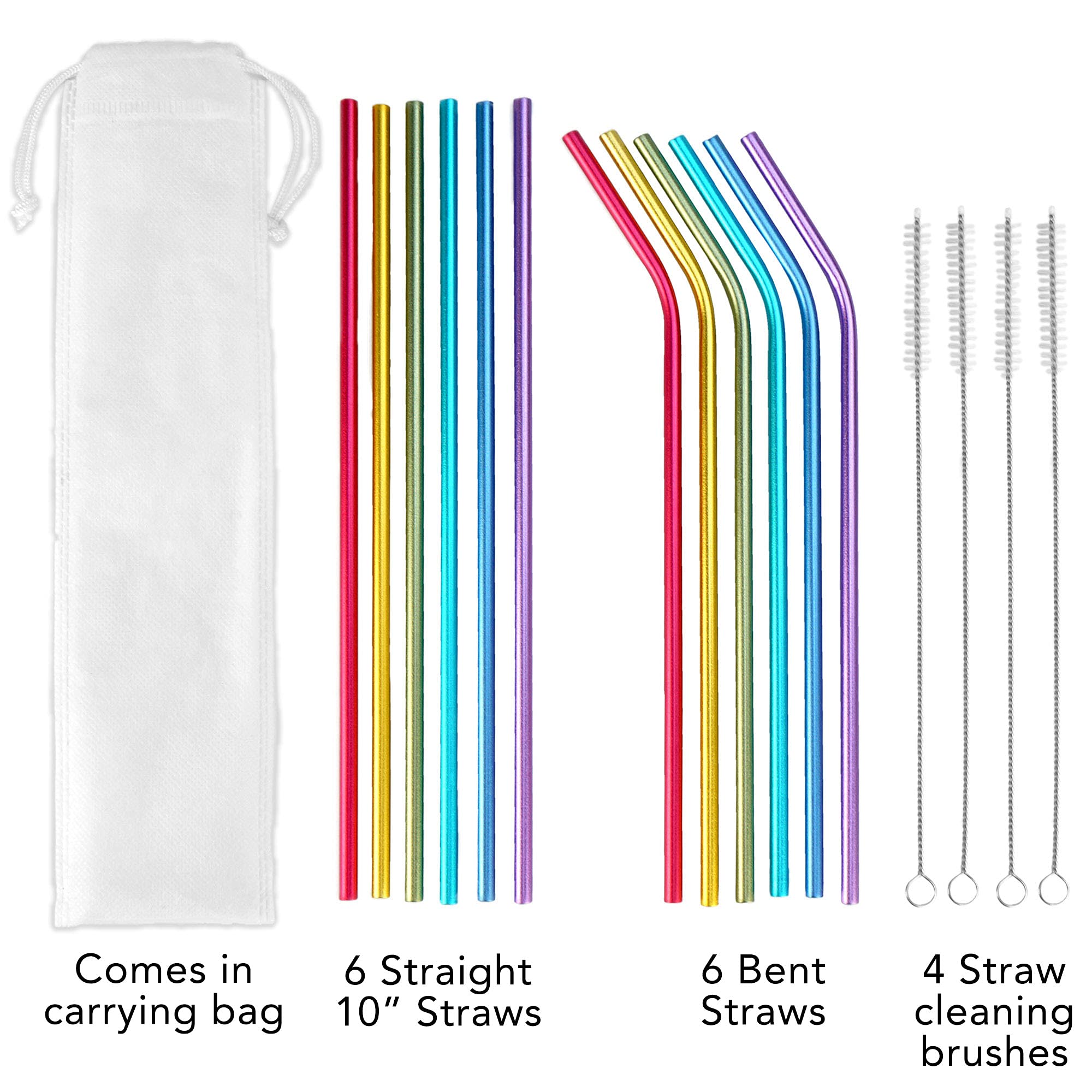 12 Pcs Reusable Metal Straws, Drinking Straws, Aluminum Straws, Smoothies Straws, Rainbow Colorful Straws for Party, Included Cleaning Brushes