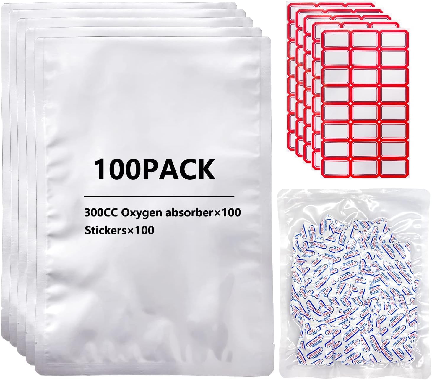 100 PCS 1Gallon Mylar Bags For Food Storage, Mylar Bags With Oxygen Absorbers - 300CCĆ100, Large Aluminum Mylar Bags - 15"x10"