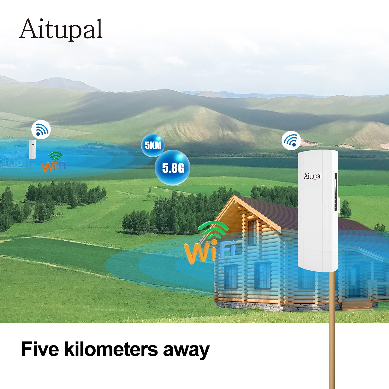 Aitupal 5.8G Gigabit 1Gbps High Speed Wireless Bridge, Point to Point WiFi Outdoor CPE with 14dBi High-Gain Antenna, 5KM Long Range Working Distance Support starlink Router,48V PoE