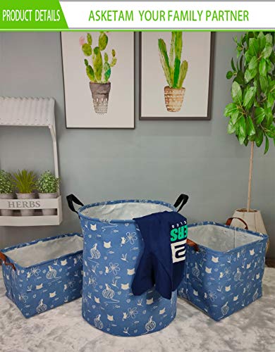 ASKETAM Fabric Laundry Basket Canvas Laundry Hamper for Dirty Clothes Toy Organizer Kid Nursery Room Decor Basket (Blue cat)