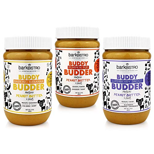 BUDDY BUDDER Bark Bistro Company, Superberry Snoot + Barkin Banana + Pumpkin Pup, 100% Natural Dog Peanut Butter, Healthy Dog Treats - Made in USA (Set of 3 / 17oz)