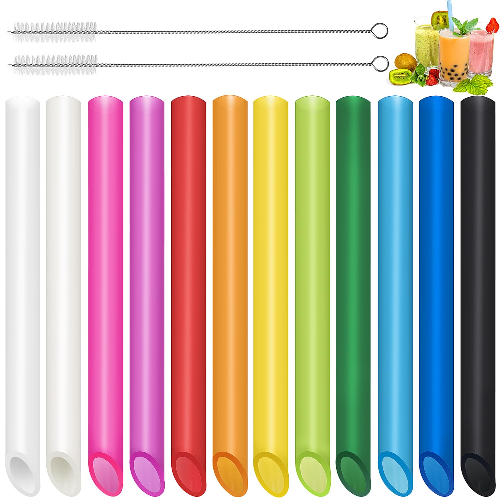 12 Pcs Reusable Boba Straws - BPA-Free Wide Reusable Plastic Straws for Smoothies, Boba(Tapioca, Boba Pearls) & Shakes with 2 Brushes(Multicolor)