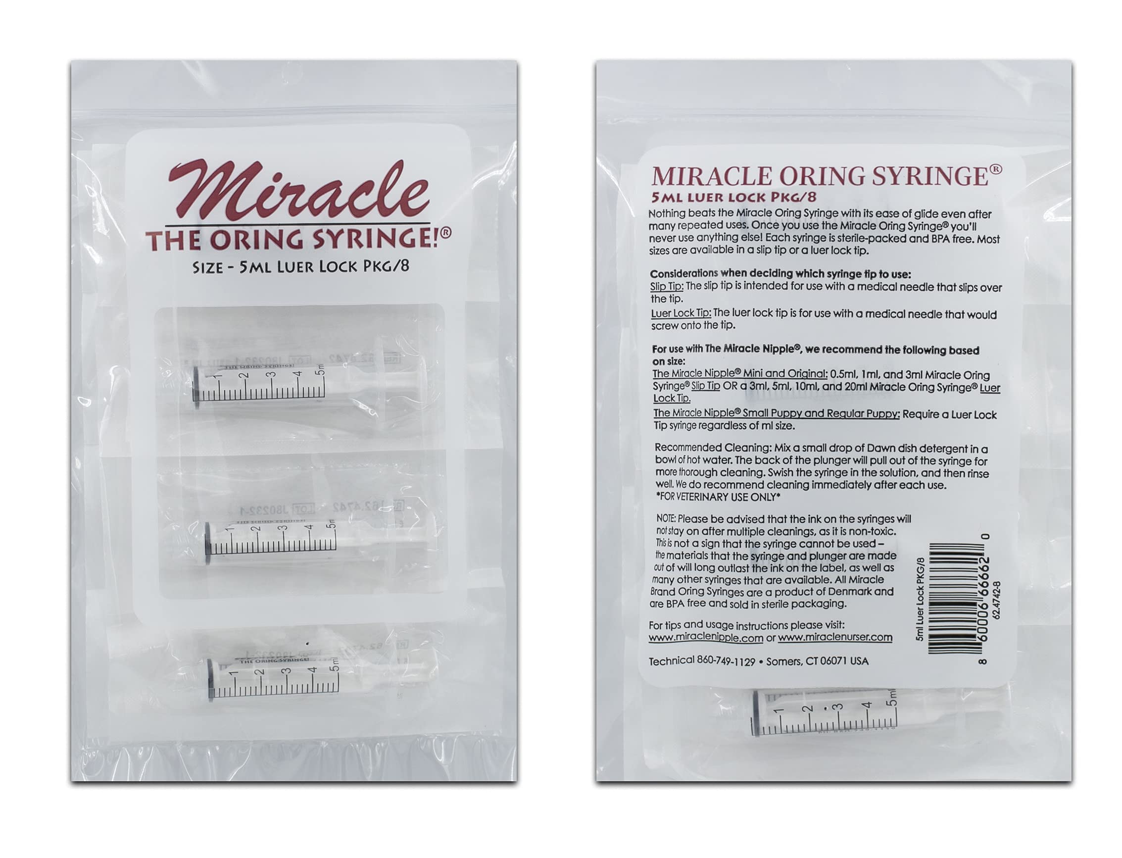 Miracle Oring Syringe- 5 ml Luer Lock Syringe- Package Contains 8 Individually Wrapped Sterile Oring Syringes for Handfeeding Animals, Administering Supplements, Measuring Liquids, and More