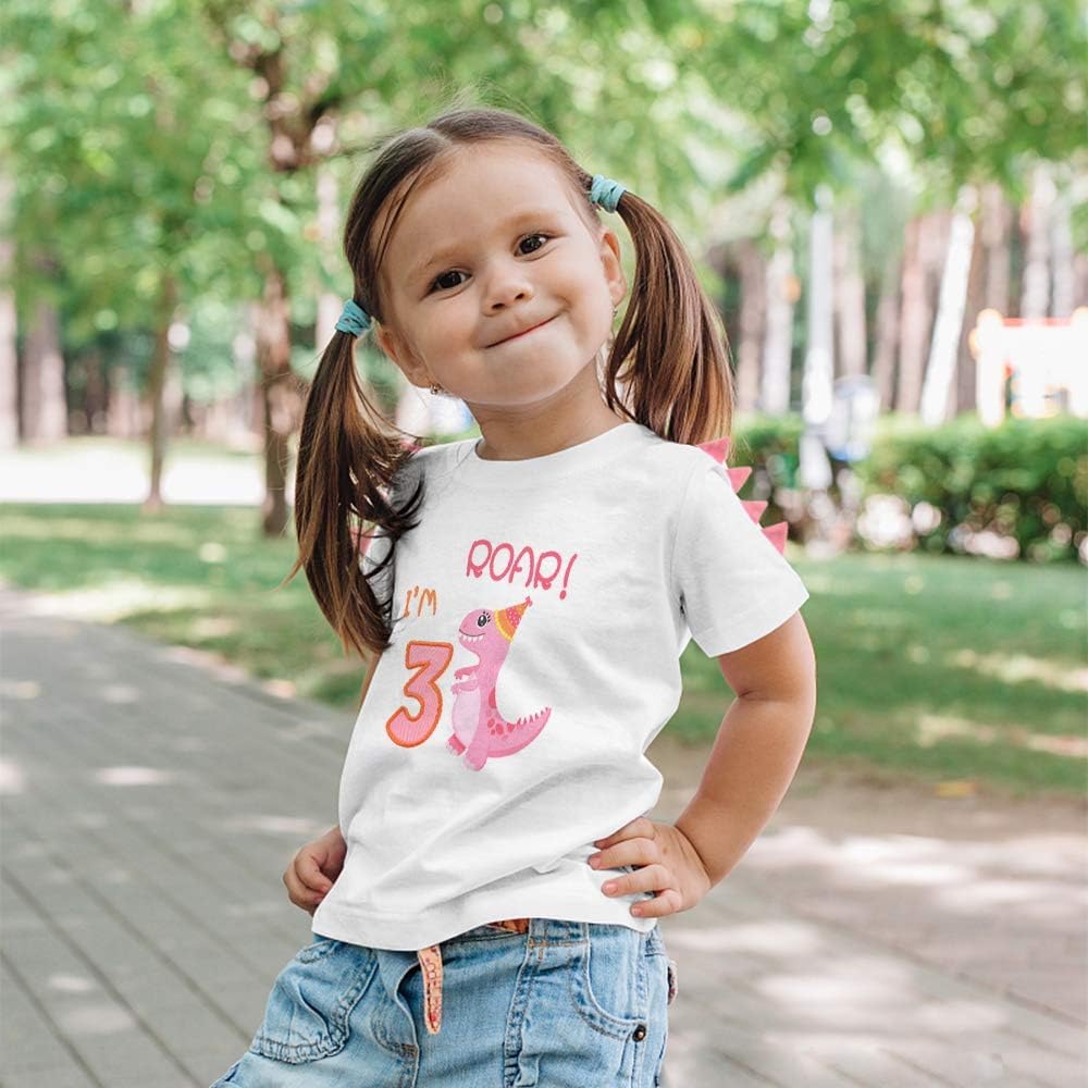 AMZTM 3rd Birthday Girl T-Shirt Dinosaur Party B-Day Themed Tee Gift for Toddler (US, Age, 3 Years, White)