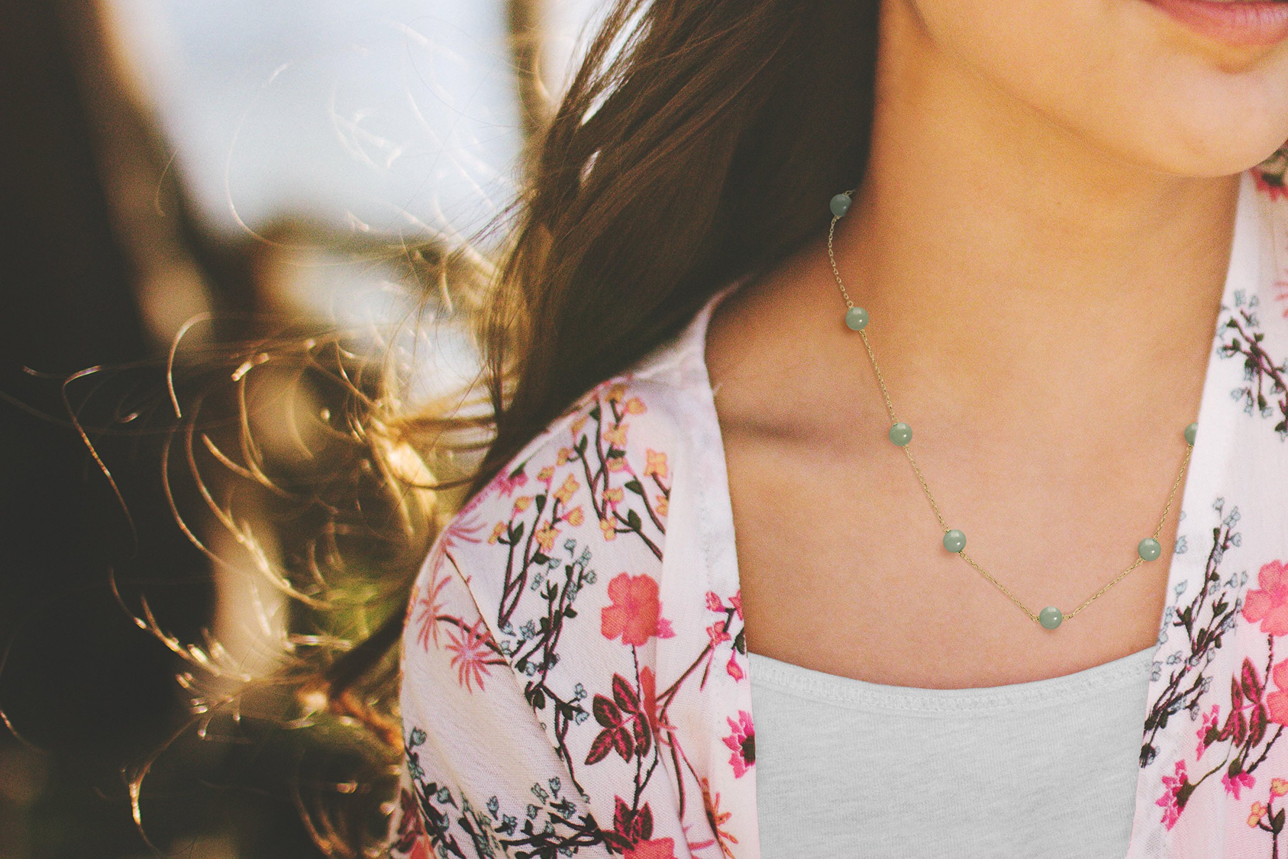 10k Yellow Gold Natural Jade Station Chain Necklace, 18"