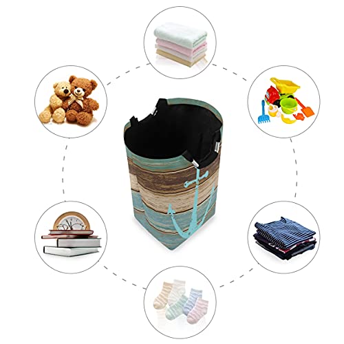 Nautical Anchor Large Laundry Hamper, Wooden Texture Laundry Baskets with Handle, Oxford Storage Basket, Portable Folding Clothes Hamper for Nursery, College Dorm, Bedroon, Bathroom