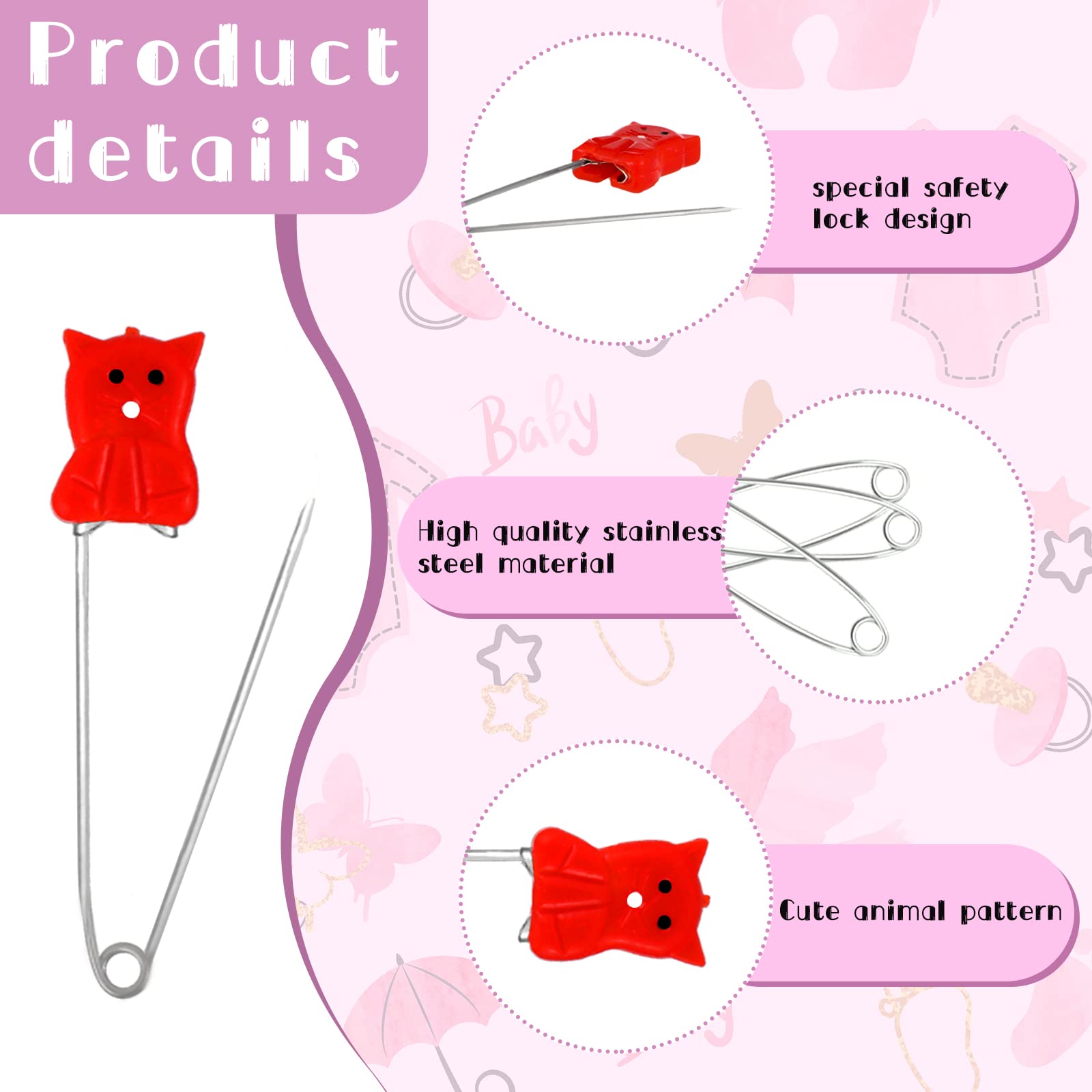30 Pieces Baby Safety Diaper Pin with Plastic Head Animal Pattern 2.4 Inch Stainless Steel Kids Newborn Safety Pin with Lock Buckle, Random Patterns