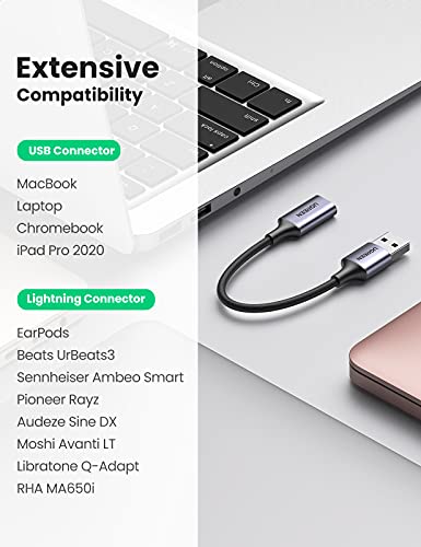 UGREEN USB A to Lightning Audio Adapter Cable MFi Certified Nylon Braided USB 3.0 Male to Lightning Female Dongle Converter Support Volume Control Mic Compatible with MacBook Computer PC Headphone
