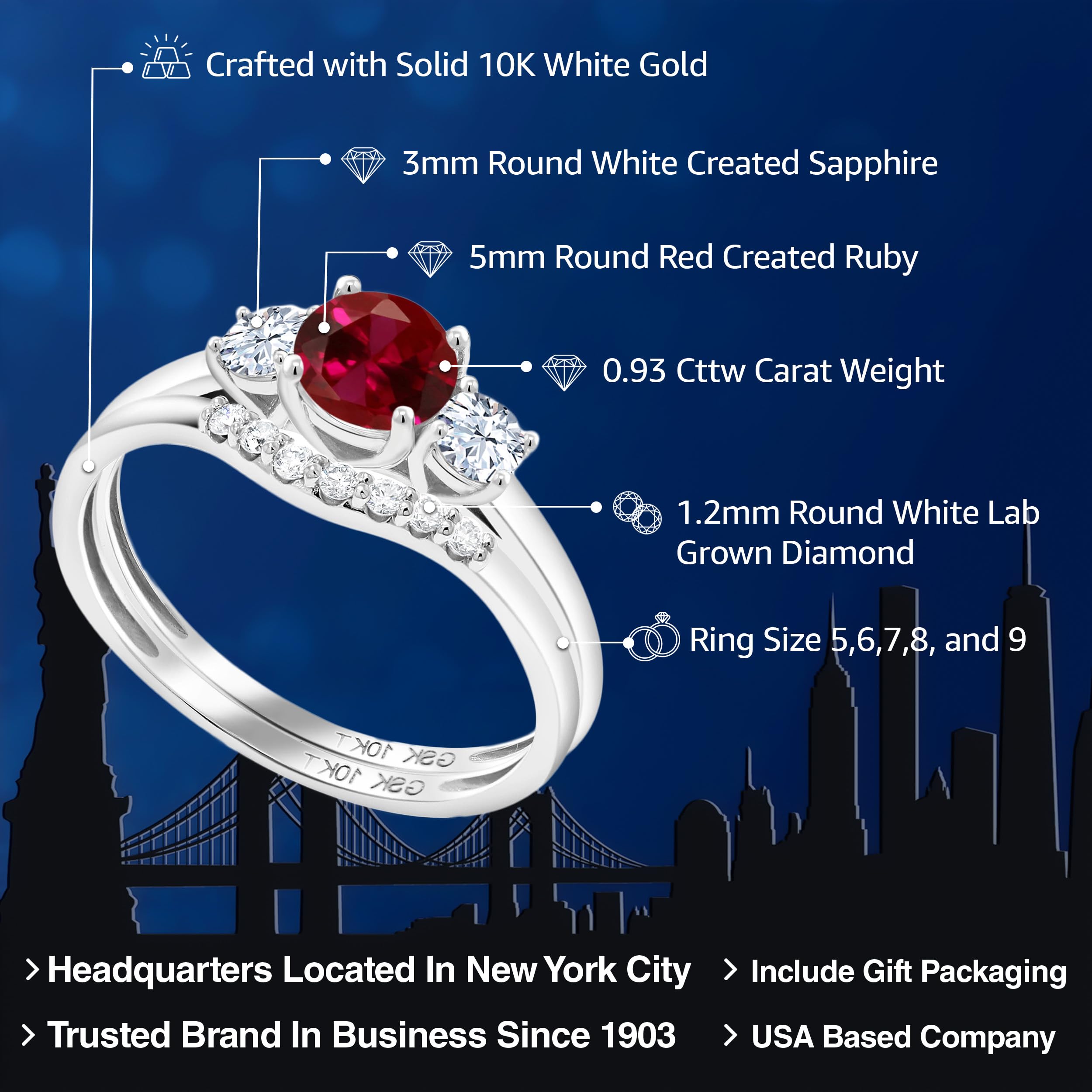 10K White Gold Red Created Ruby and White Created Sapphire and White Lab Grown Diamond 3-Stone Bridal Engagement Wedding Ring Set For Women (0.93 Cttw, Gemstone July Birthstone, Round 5MM, Size 6)