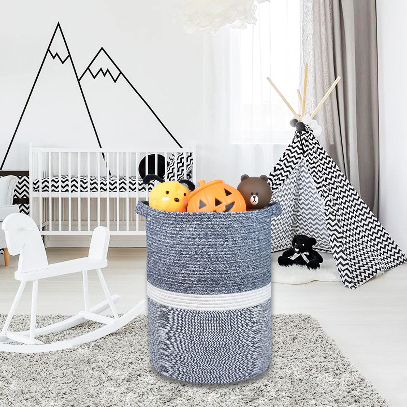 BOSROTY Large Blanket Basket, Tall Laundry Basket 72L, Nursery Hamper, Laundry Hamper, Clothes Basket Laundry, Large Storage Basket, Cotton Rope Basket, Toy Basket, 16”x 22”,Blend Navy Blue & White
