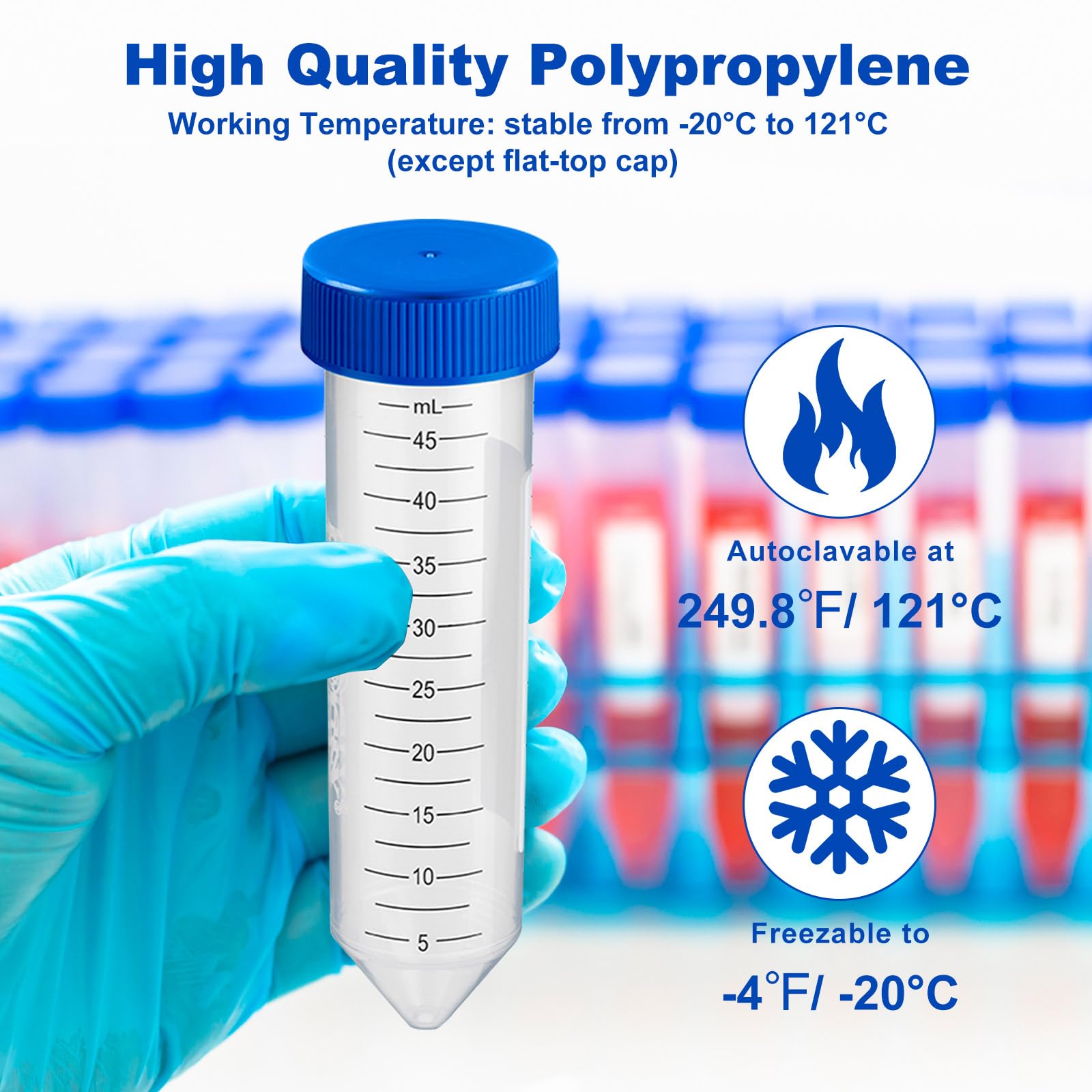 50ml Polypropylene Centrifuge Tubes, Racked Package Tubes, Flat Seal Conical Tubes, Sterilisation, RNase & DNase Free, 25 Tubes/Rack, 20 Racks/Case, Total of 500 Tubes