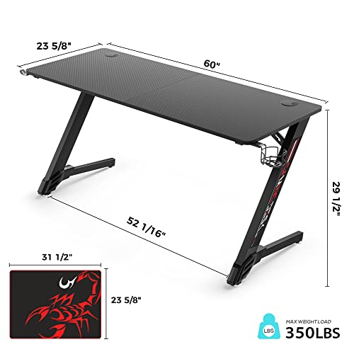 Eureka Ergonomic Gaming Desk 60 inch, Z-Shaped Carbon Fiber Surface Desktop Home Office PC Computer Desk with Mouse Pad, Ergonomic Large Gamer Table with Cup Holder and Headphone Hook for Gaming Room