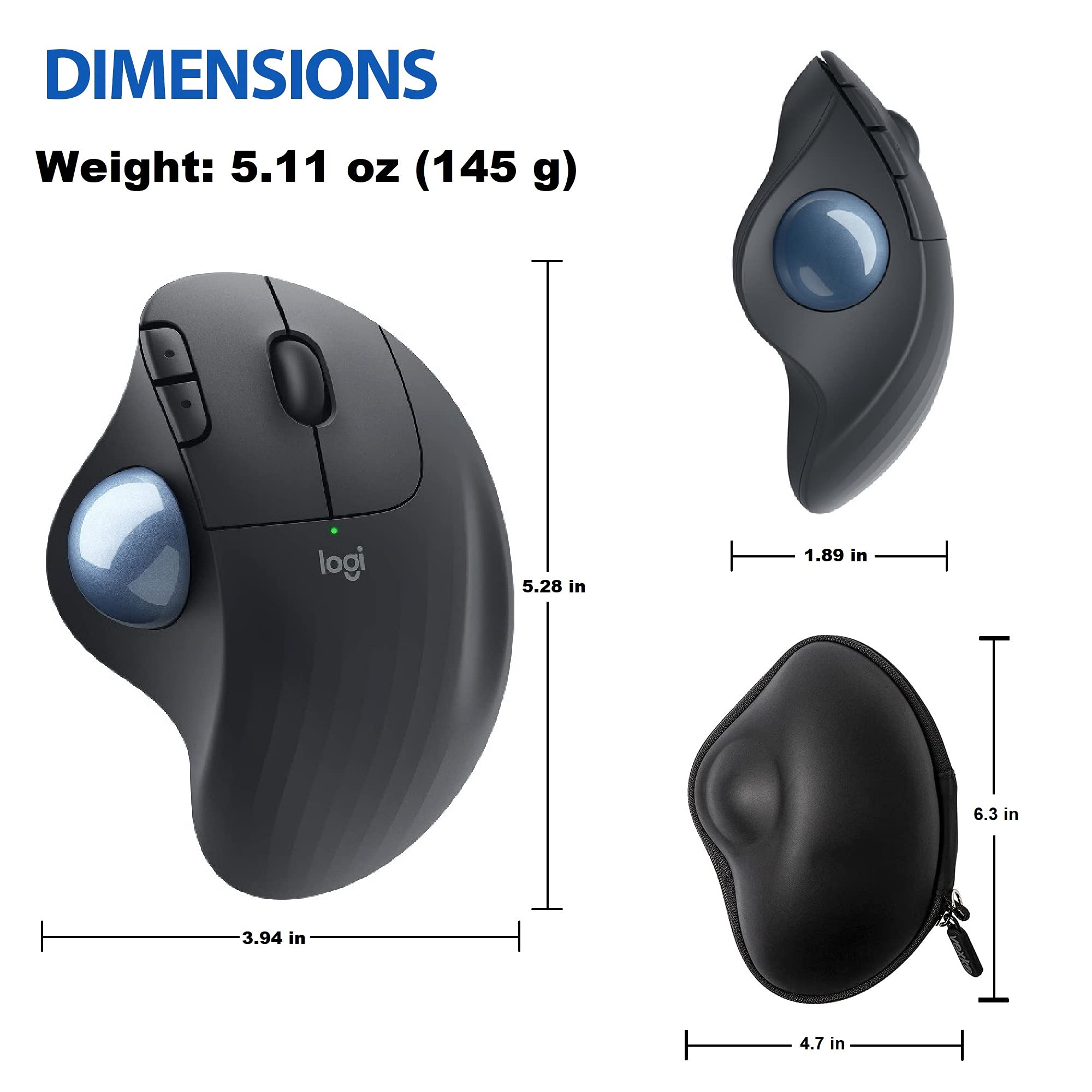 Vexko Bundle Logitech Ergo M575 Wireless Trackball Mouse (Graphite) Bluetooth, USB Mouse Travel Case Compatible with Logitech Ergo M575 (Black)