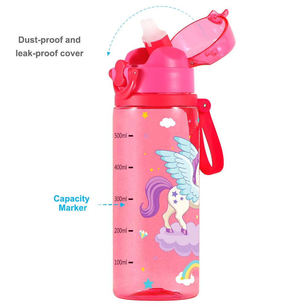 Cute Water Bottle for School Girls Boys, Soft Silicone Straw & BPA Free & Leak Proof & Easy Clean, 24oz / 700ml - Fly Unicorn