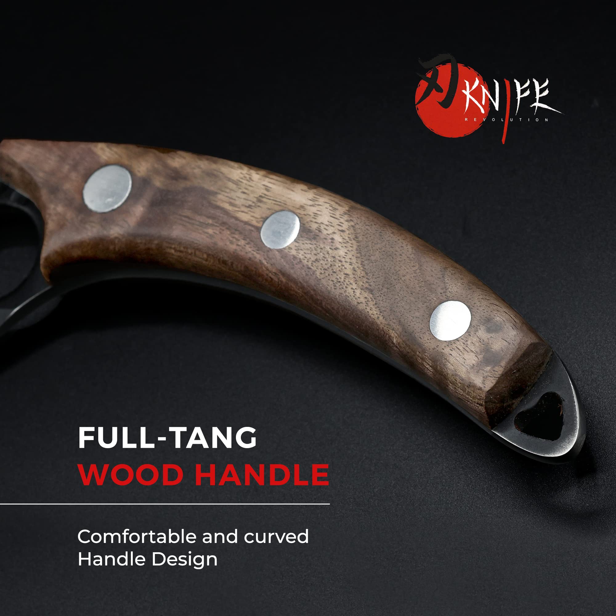 An amazing Hand Forged Butcher Knife with Reinforced Black Titanium Coated Blade that is perfect for everyday kitchens, camping, and BBQ