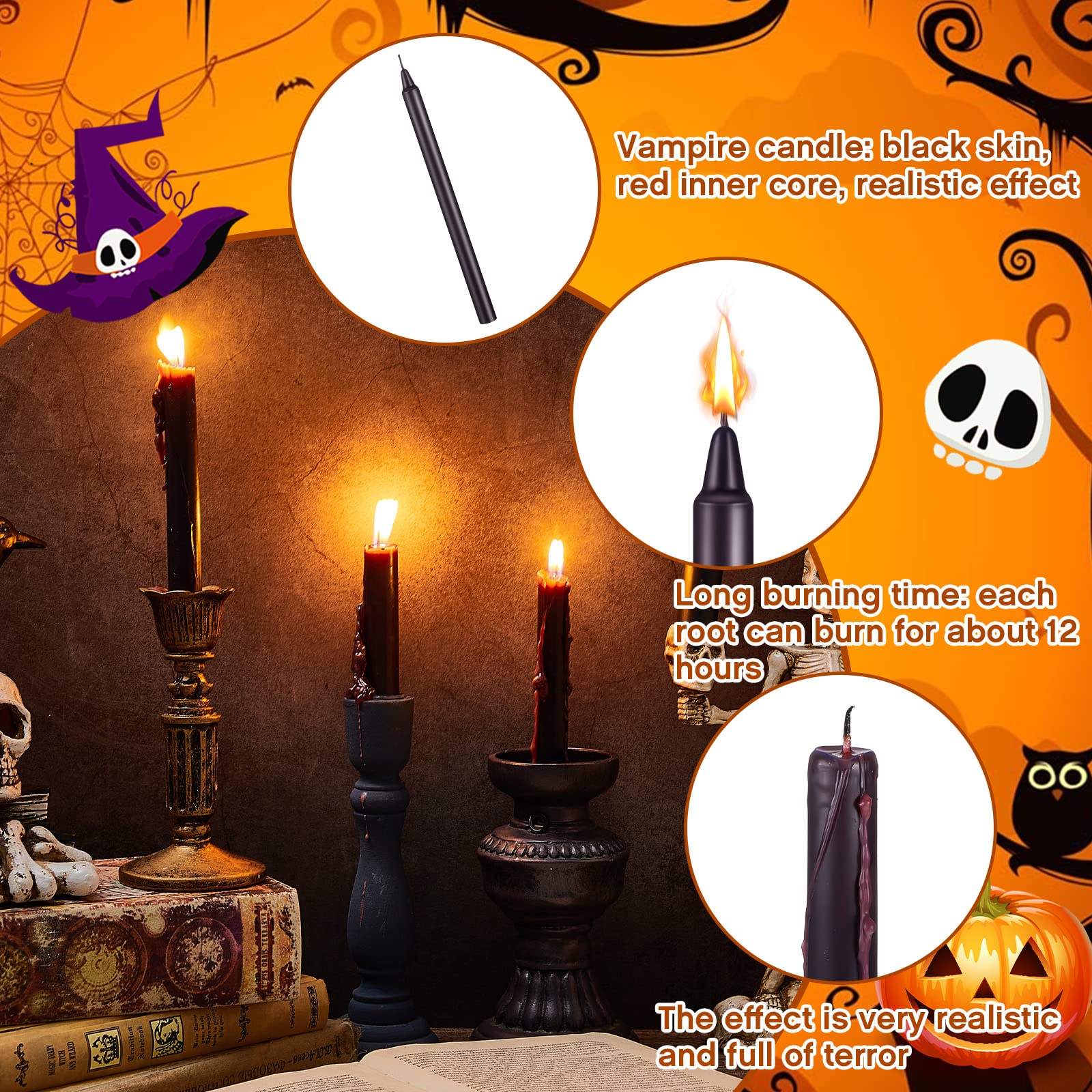 10 Pieces Halloween Drip Candles Black Candles Halloween Candles Vampire Goth Bedroom Decor Gothic Cool Candles Bleeding Candles Taper Candles Drip for Rituals Halloween Decor, 9.9 Inches