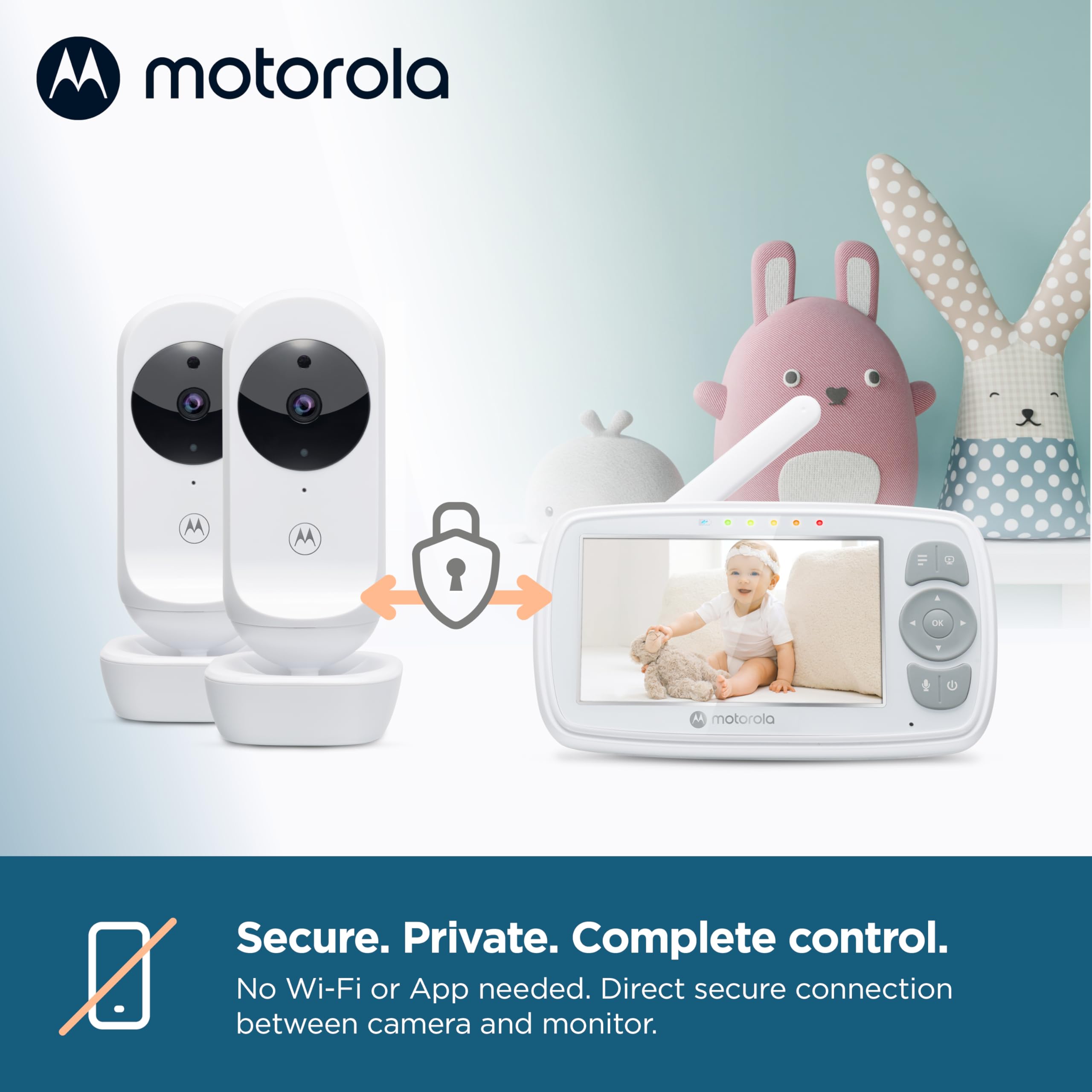 Motorola VM34 Video Baby Monitor W/2 Cameras, 1000ft Range, 2.4 GHz Wireless 4.3" Split Screen, Two-Way Audio, Manual Pan/Tilt, Digital Zoom, Room Temp Sensor, Lullabies, Night Vision
