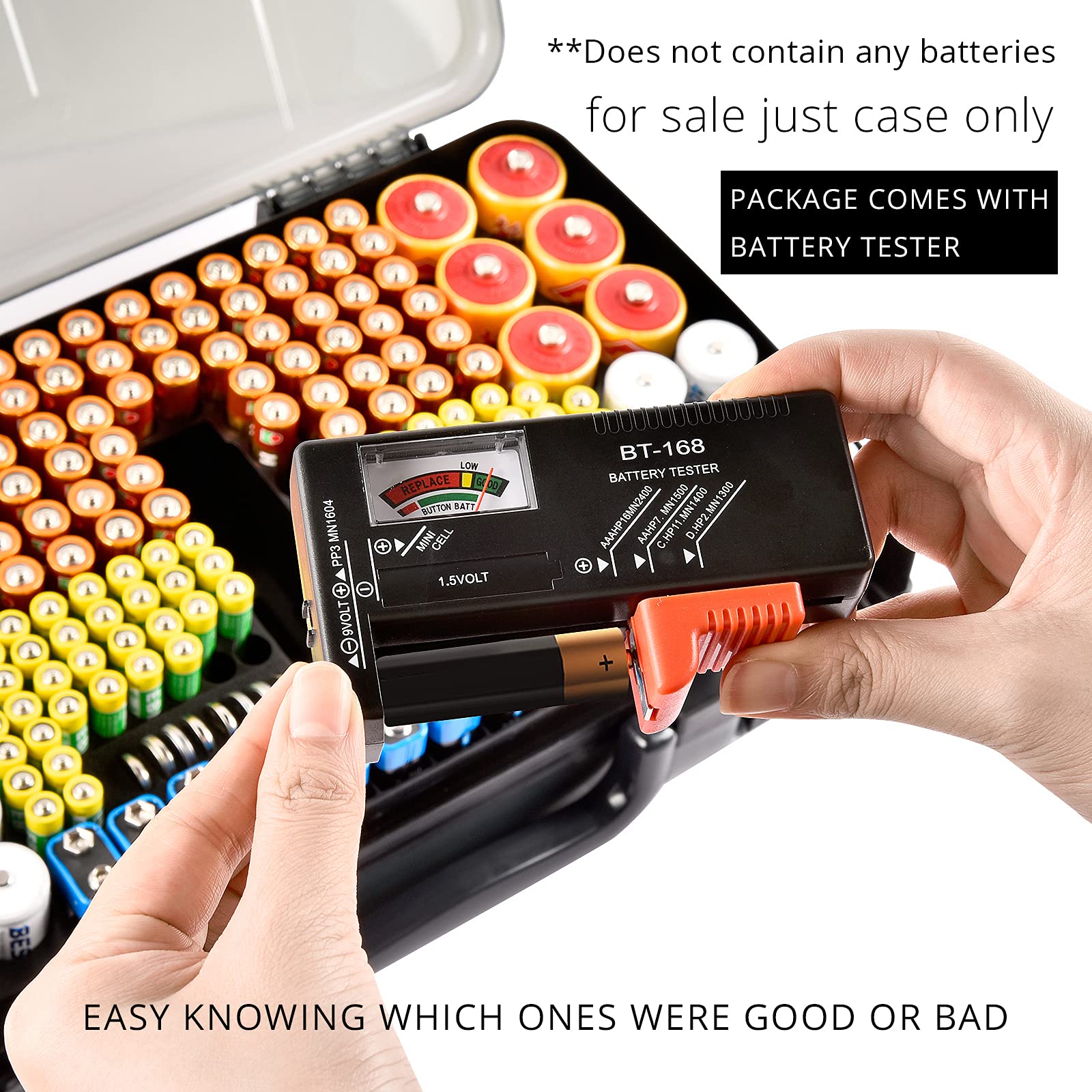 Aptbyte Battery Organizer Storage Holder Box Case with Tester- 269 Batteries Double-Sided Variety Pack, Holds AA AAA 4A C D Cell 9V 3V Lithium LR44 CR2 CR123 CR1632 18650 Button- Grey