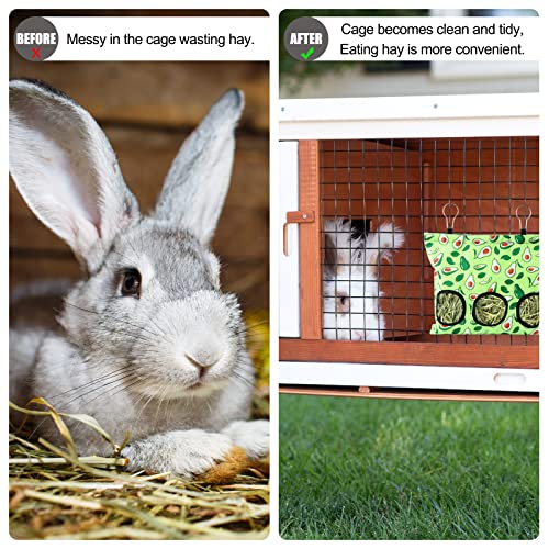 2 Pieces Rabbit Hay Feeder Bag, Guinea Pig Hay Feeder Storage Bunny Hay Bag Hanging Feeder Bag for Rabbits with 3 Holes Large Capacity for Small Animal (Strawberry+Avocado)