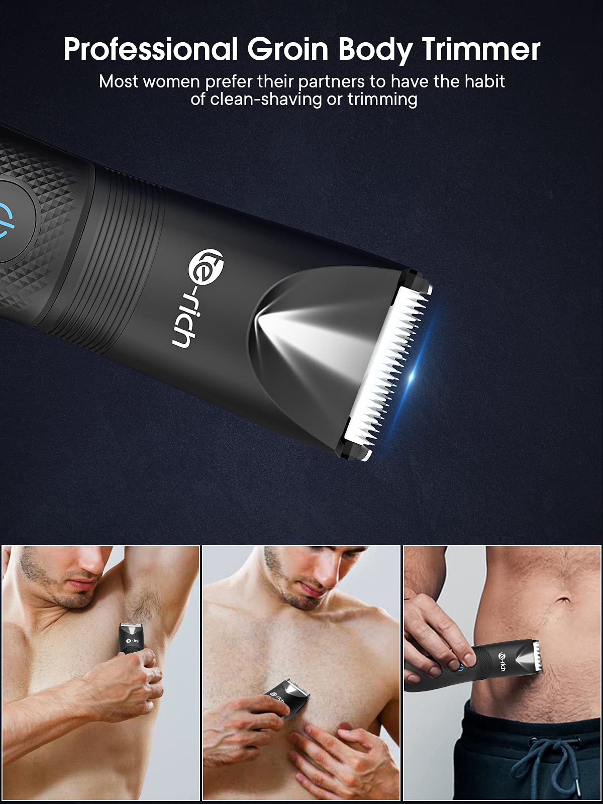 Te-Rich Body Groin Hair Trimmer for Men, Replaceable Ceramic Blade Heads, Waterproof Wet & Dry Clippers, LED Light and Standing Dock, Ultimate Male Hygiene Razor and Electric Body Shavers for Balls