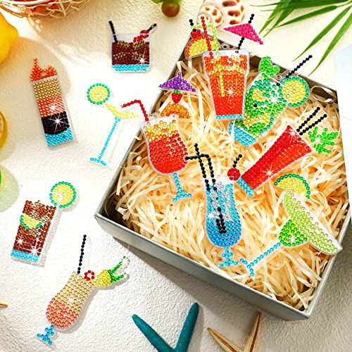 12 Pcs Drinks Diamond Painting Keychain Kits Crystal Drinks Diamond Painting Ornaments Summer Full Diamond Drinks Keychain Summer DIY Diamond Art Keychains for Adults Kids Purse Backpack Handbag