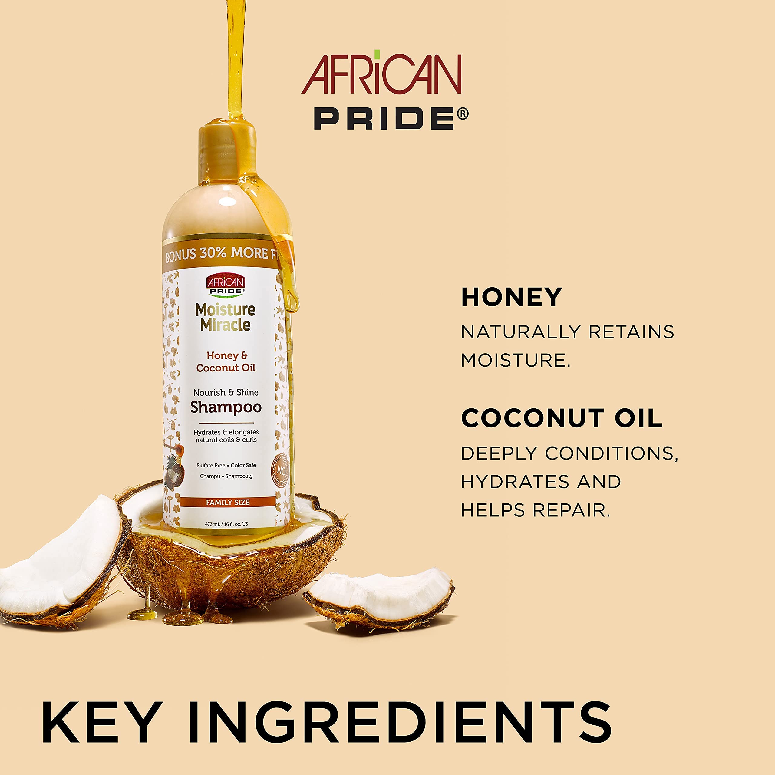 African Pride Honey & Coconut Oil Pre-Shampoo, Shampoo & Conditioner - Repair & Replenish Moisture for Natural Coils & Curls, 12 Oz & 16 Oz