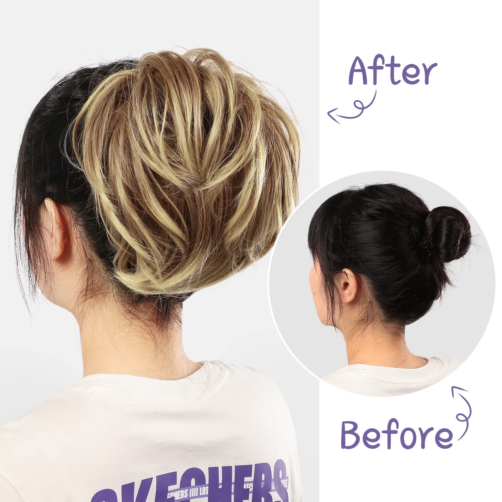 WILLBOND 4 Pcs Messy Hair Bun Hairpiece Tousled Updo for Women Hair Extensions Straight Short Ponytail Elastic Scrunchies Curly Hair Accessories (Brown mix Blond/12H24,Basic Style)