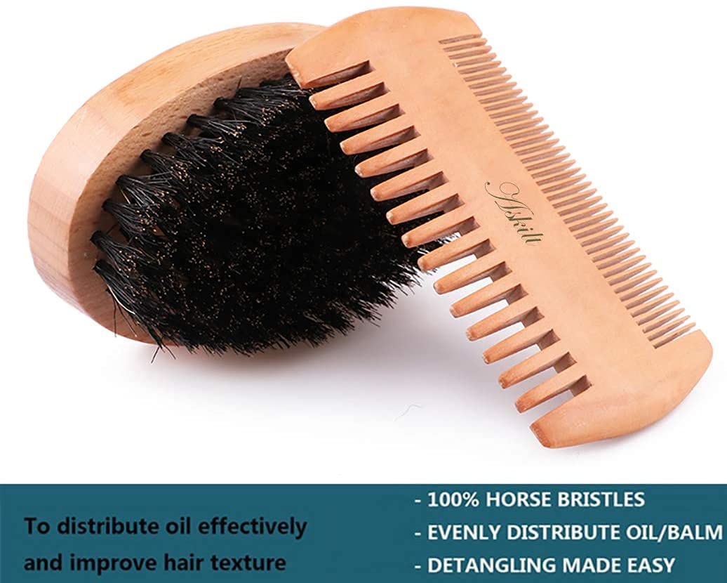 Beard Comb & Beard Brush Set Natural Boar Bristle Brush and Dual Action Pear Wood Comb to Spread Balm or Oil for Growth - Softness Exfoliates Skin Helps Softening and Conditioning