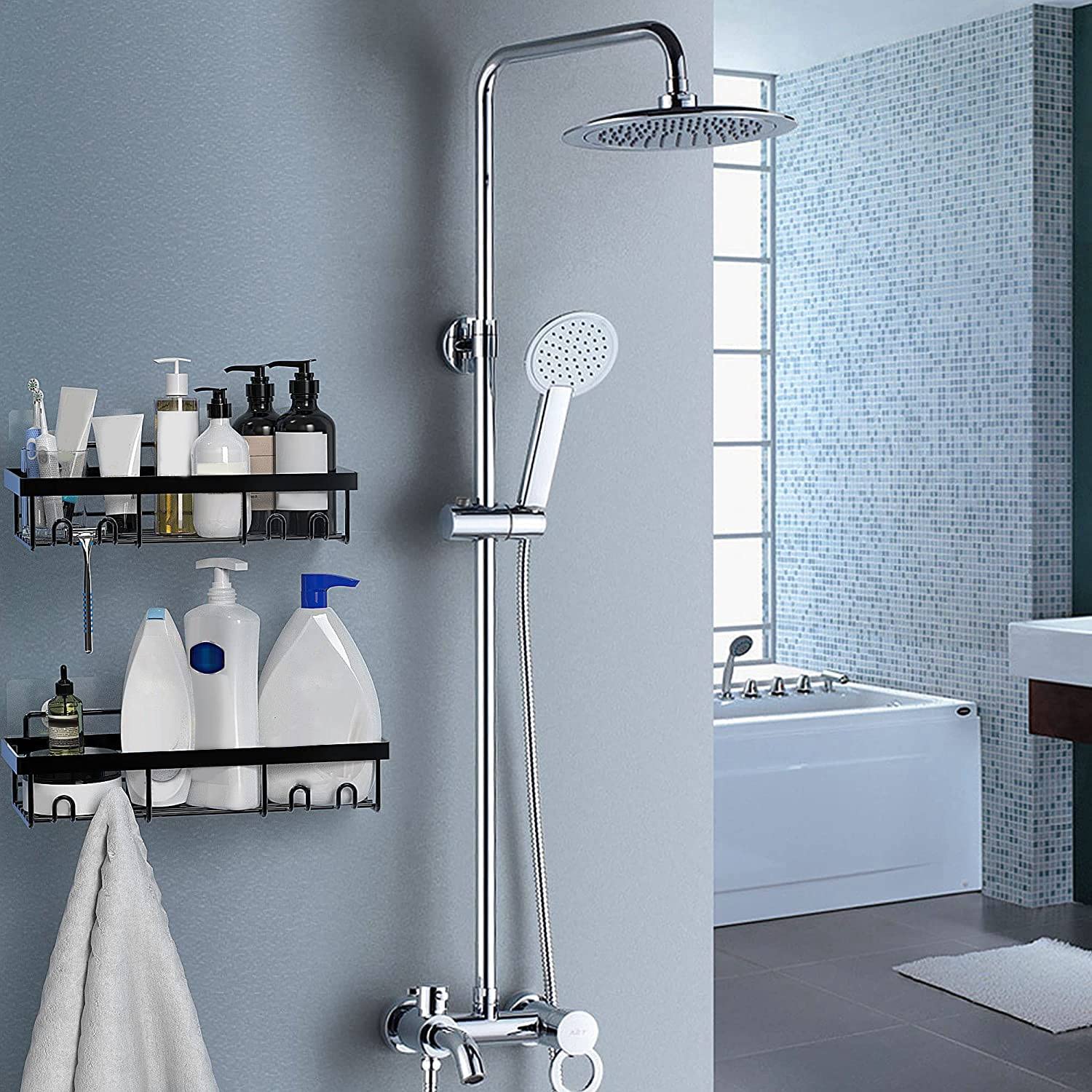 Pasotim Shower Shelf Organizer Rack(2Pack), Bathroom Accessories Basket Shelves with Hooks, Wall Mount Shower Storage